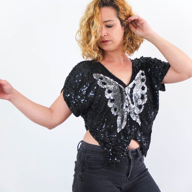 Vintage 80s Sequin Butterfly Top 80s Disco Sequin Top Black - Etsy