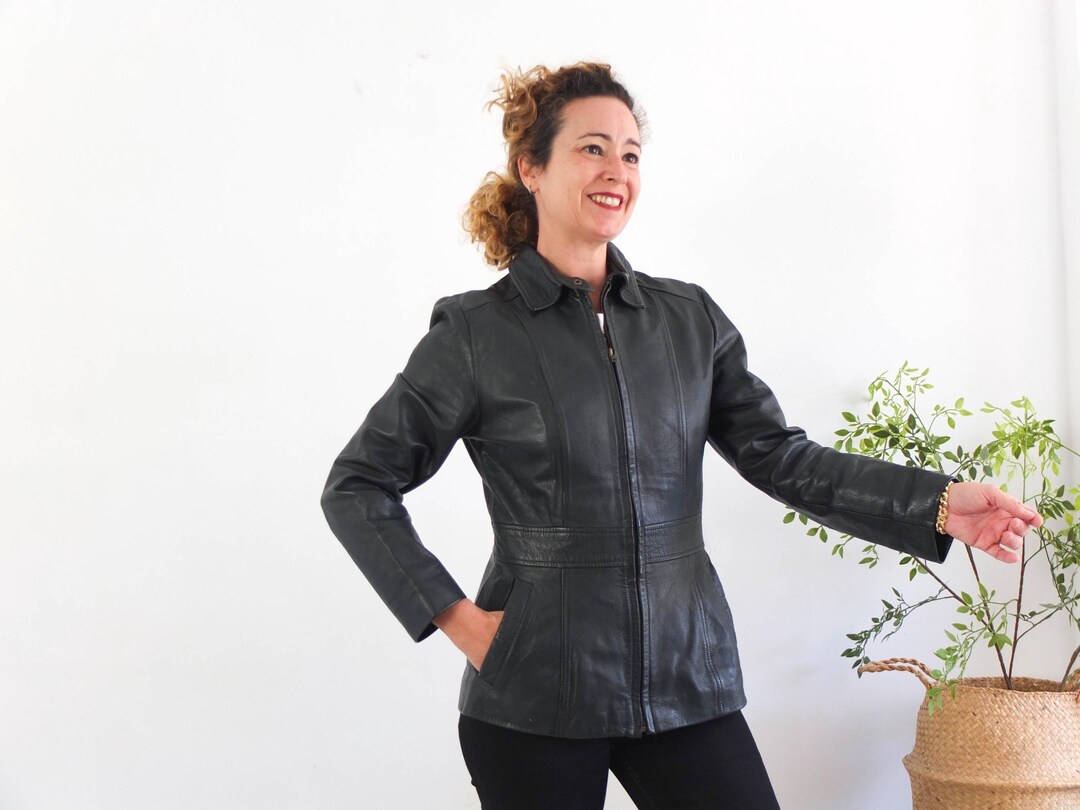 Vintage Black Soft Leather Jacket Size Small, 90s Fitted Leather Zip up ...
