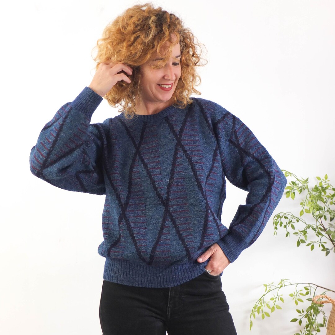 Vintage 80s Geometric Wool Sweater, Vintage Retro Oversized Sweater ...