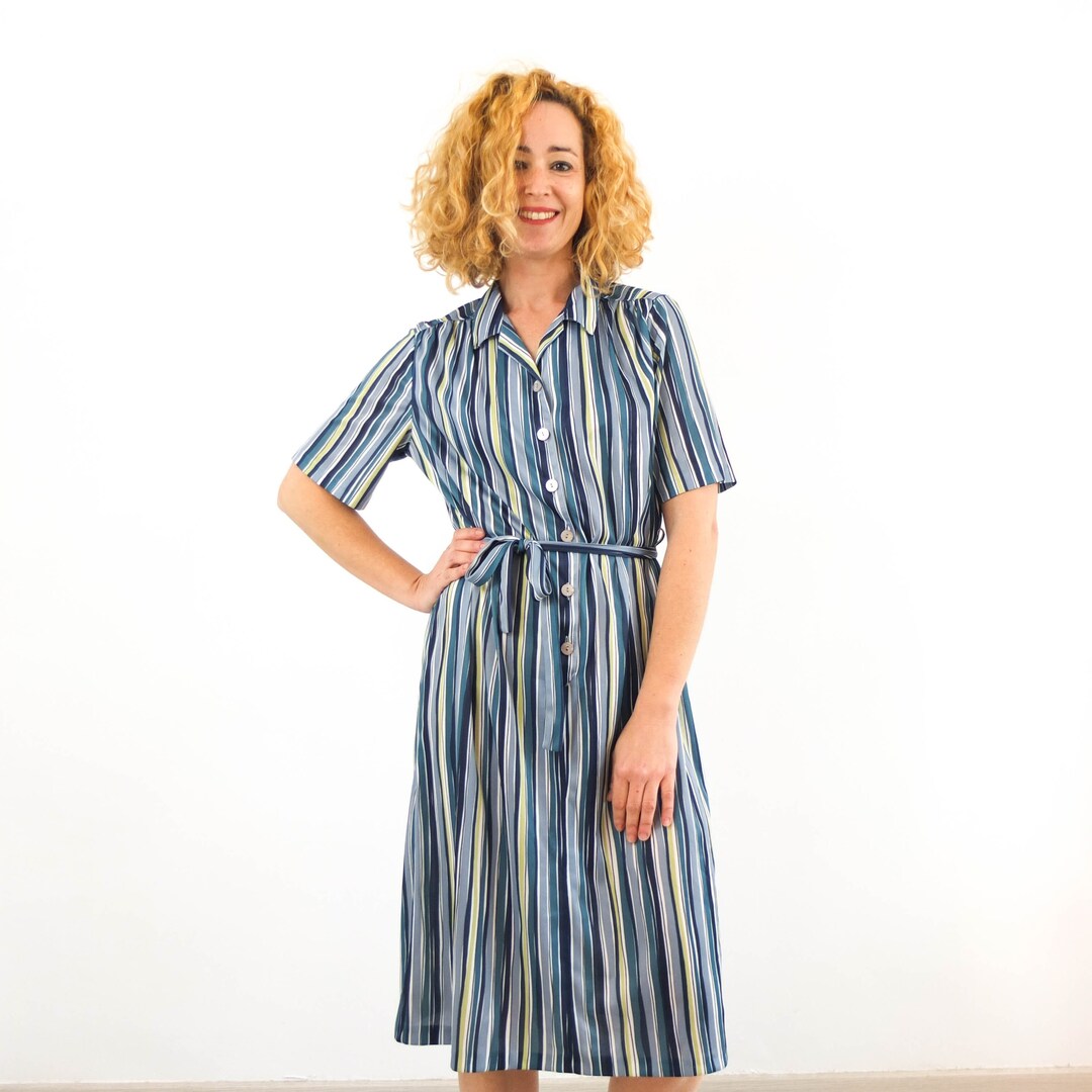 Vintage 70s Mod Day Shirtdress With Short Sleeve, 70s Blue Striped ...