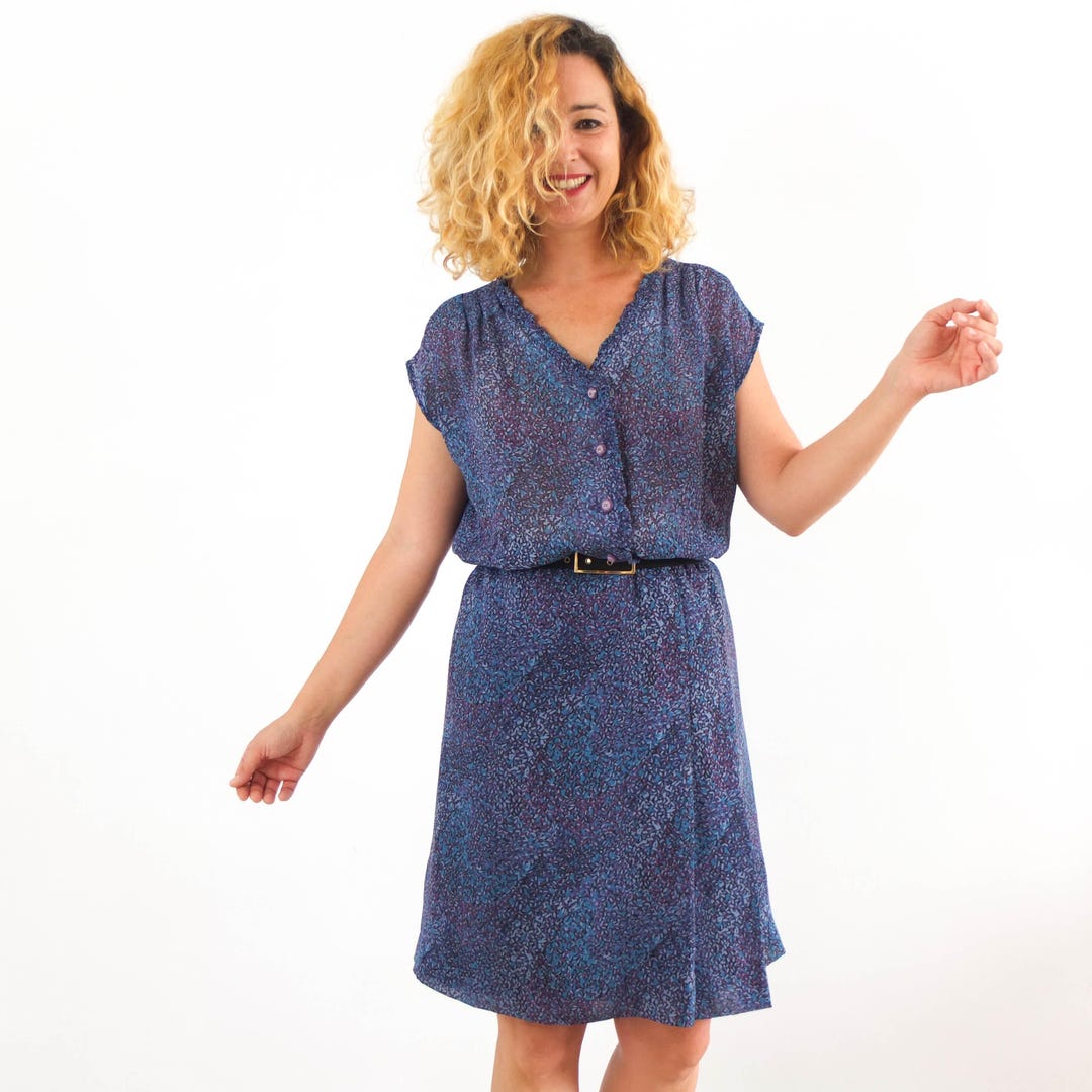 Vintage 80s Blue Sheer Dress, 80s Retro Abstract Midi Dress, 80s Cape ...