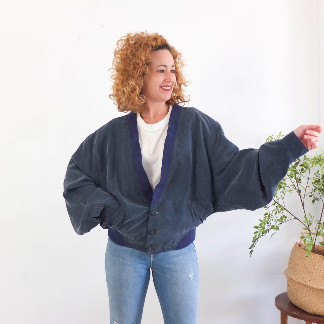 Vintage 90s Silk Bomber Jacket, 90s Blue Oversized Bomber Unisex ...