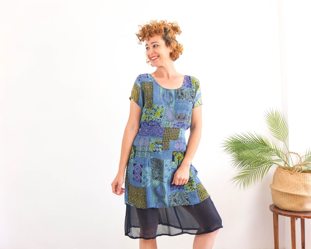 Vintage 90s Boho Patchwork Dress, 90s Grunge Mini Dress, Vintage Indian ...