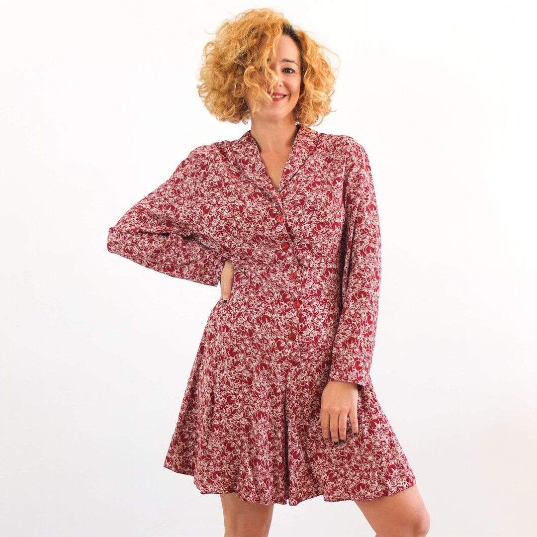 Vintage 90s 80s Red Floral Romper, 1980s Floral Long Sleeve Button up ...