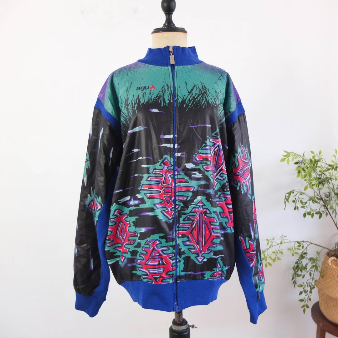 Vintage 80s Agu Cycling Jacket, Retro Colorful Abstract Windbreaker ...