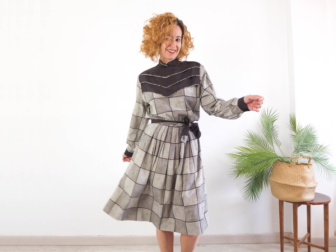 Vintage 80s New Wave Geometric Dress, 80s Retro Blouson Dress, 80s ...
