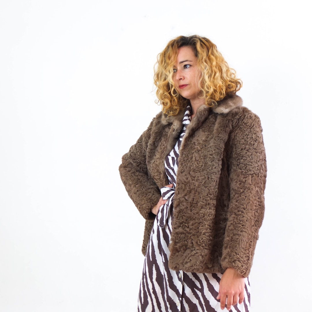 Vintage Real Curly Fur Coat, 80s Brown Fur Jacket Coat, Vintage Persian ...