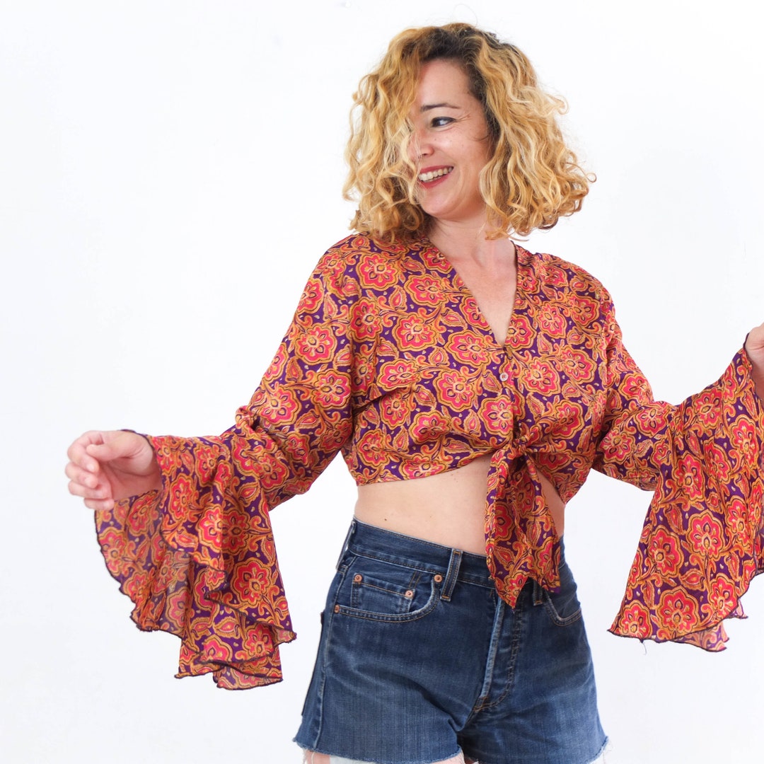 Vintage 90s Bell Sleeve Silk Wrap Top, Vintage Indian Boho Cropped Wrap ...