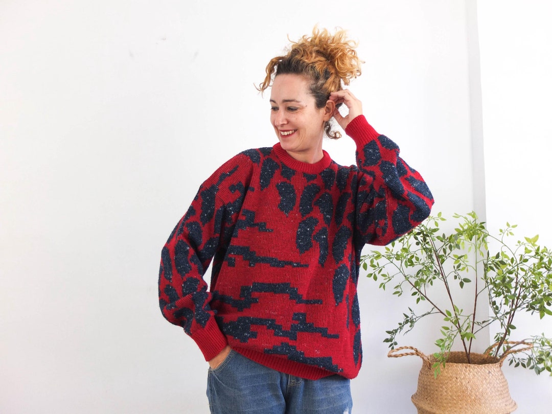 Vintage 80s Abstract Wool Sweater, 80s Geometric Oversized Sweater ...