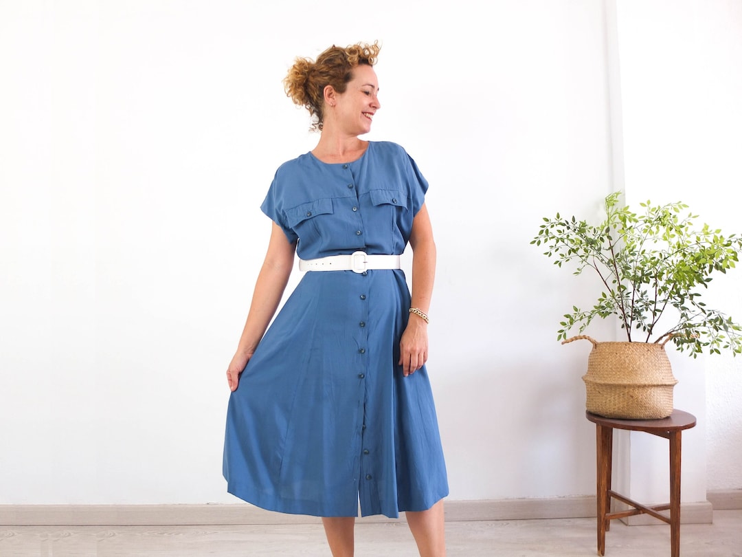 Vintage 80s Blue Maxi Shirtdress, 80s Button up Midi Dress, 80s Short ...