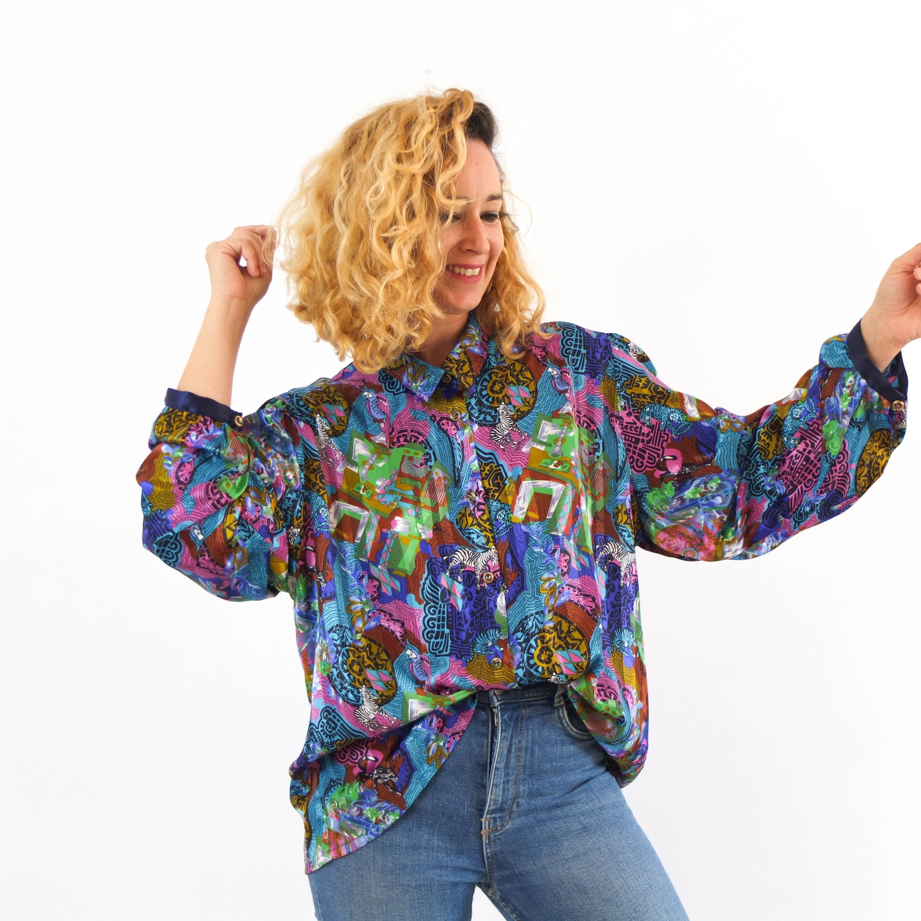 Vintage 80s long sleeve funky print blouse 80s retro colorful | Etsy