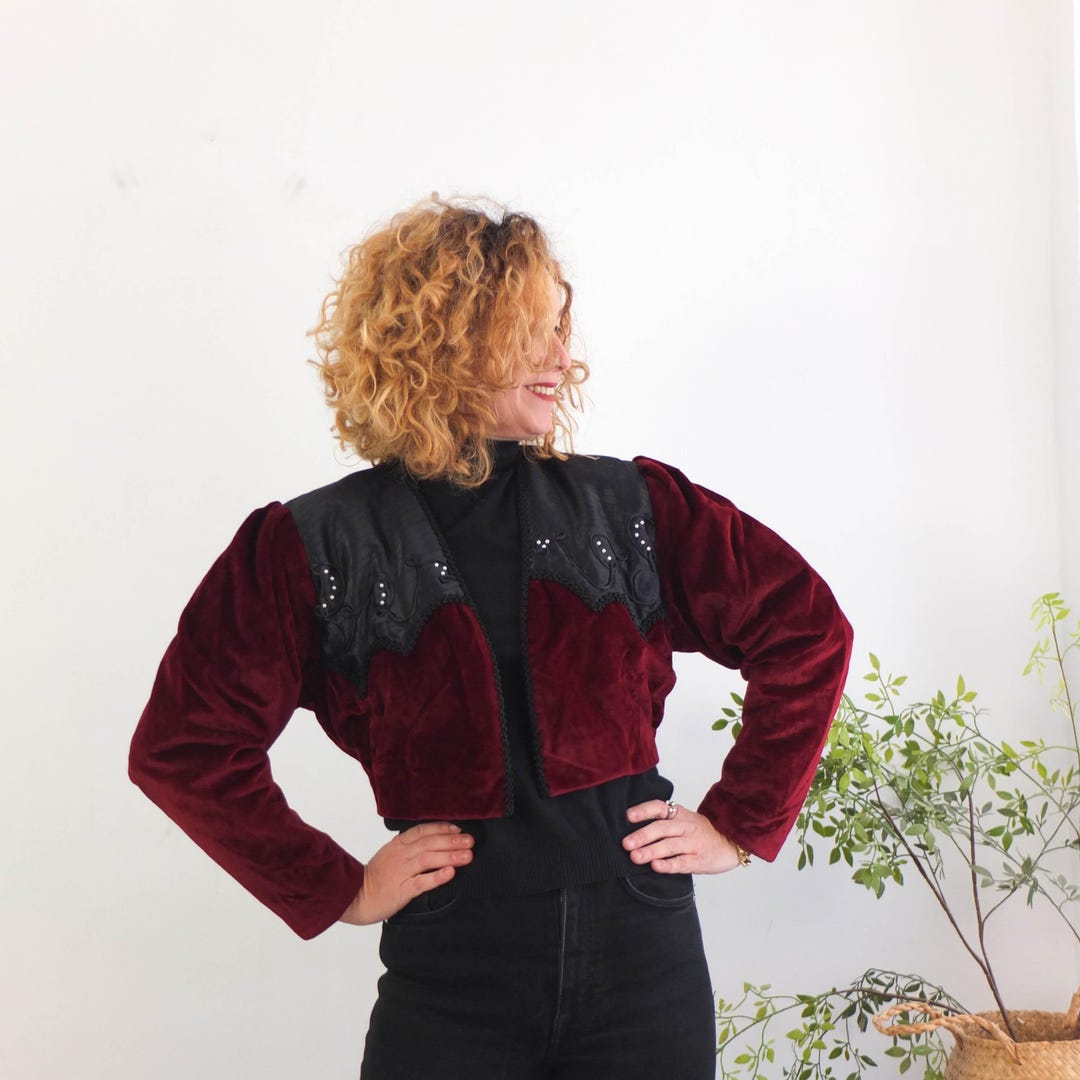 Vintage 80s Burgundy Velvet Bolero Jacket, 80s Evening Jacket With ...