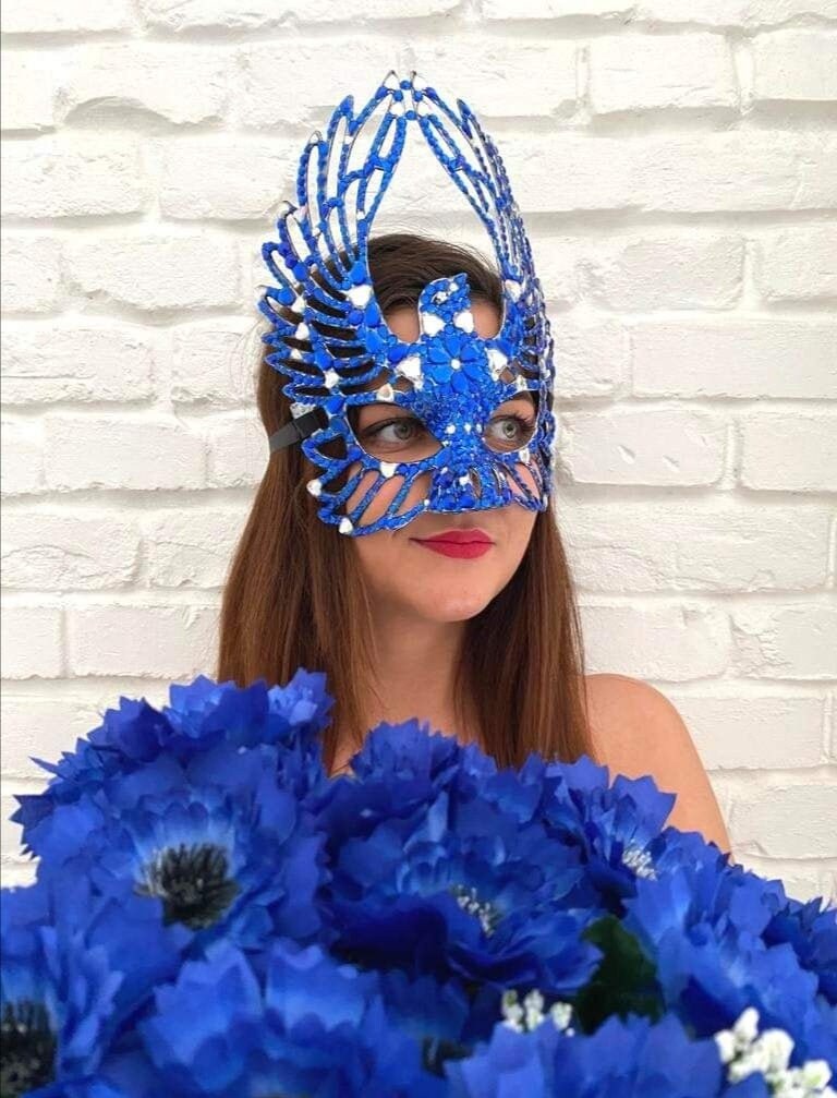 Blue bird masquerade mask with rhinestones. | Etsy