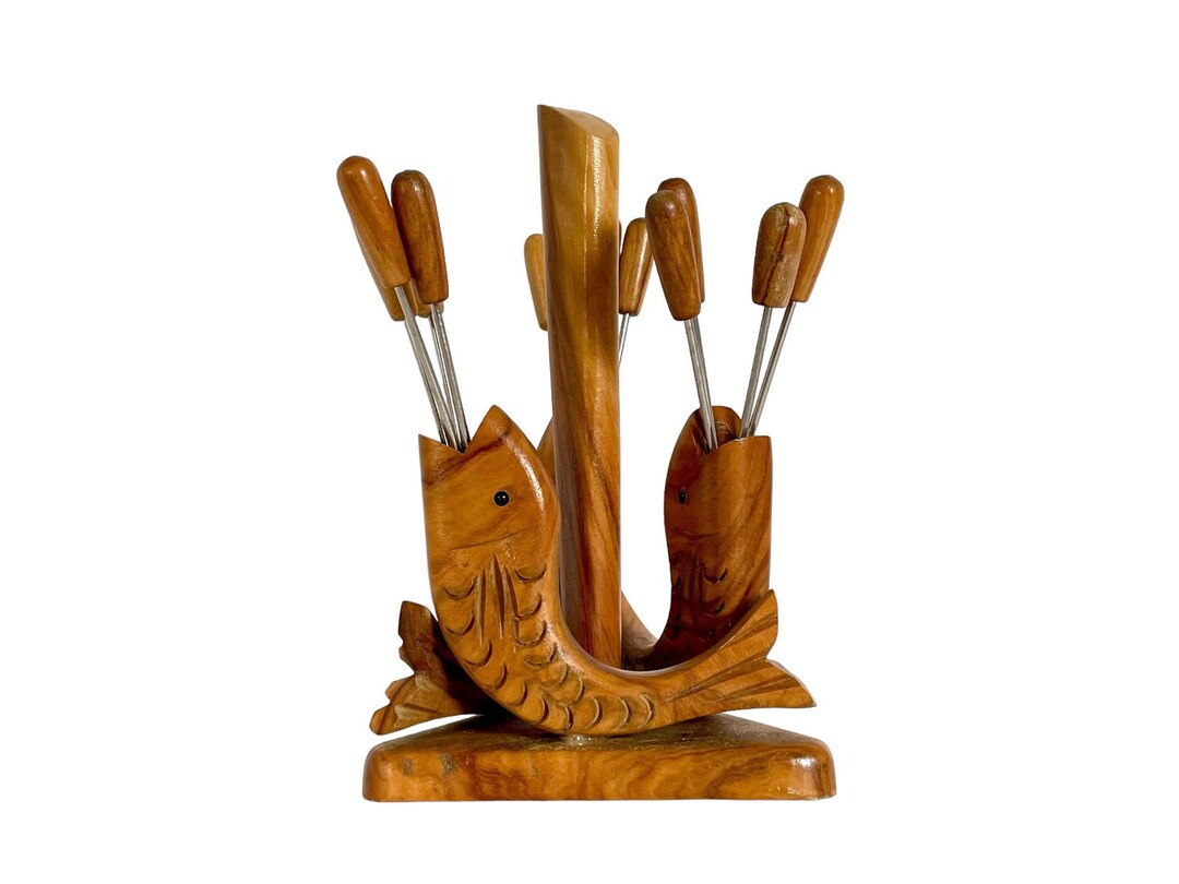 Mid Century 60s Hand Carved Wood FISH Appetizer FORK HOLDER With Forks ...