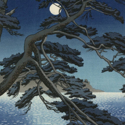 Japanese Art Print moon at Enoshima Beach by - Etsy