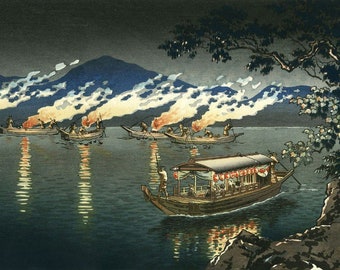 Japanese Art Print Boats at Shinagawa Night by | Etsy