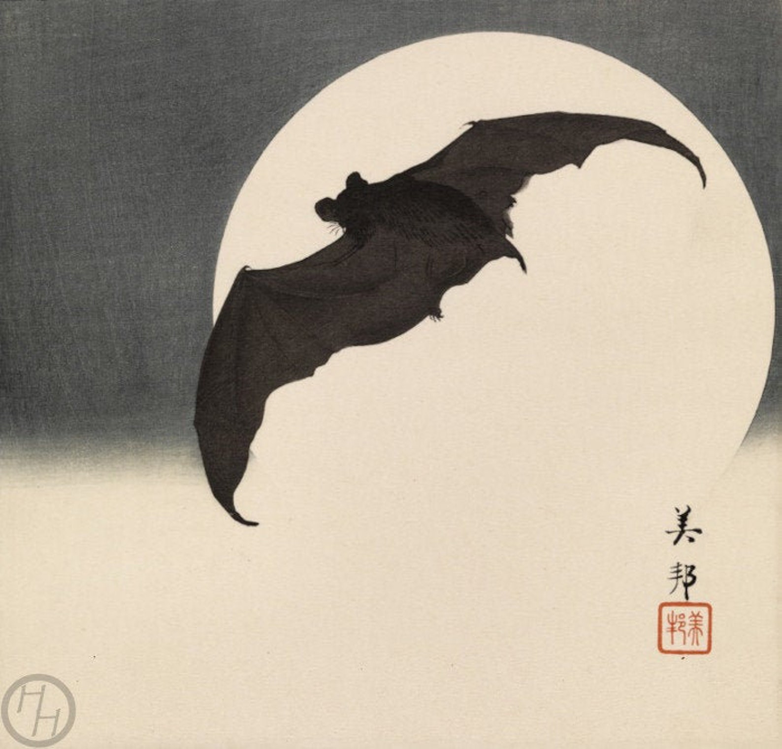 Japanese Art Print bat and Full Moon by Ohara - Etsy