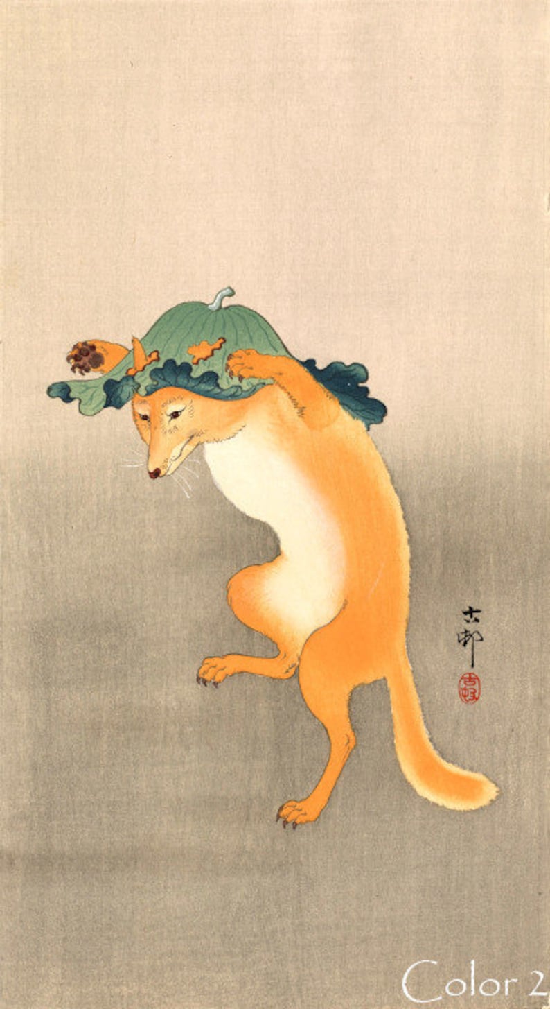 Japanese Art Print "dancing Fox With Lotus Leaf Hat" by Ohara Koson ...