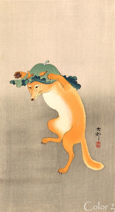 Japanese Art Print dancing Fox With Lotus Leaf Hat - Etsy