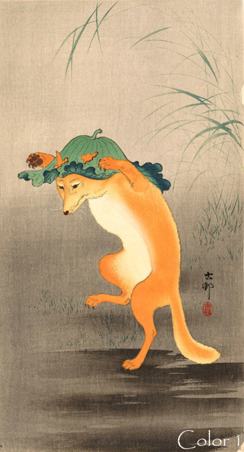 Japanese Art Print "dancing Fox With Lotus Leaf Hat" by Ohara Koson ...