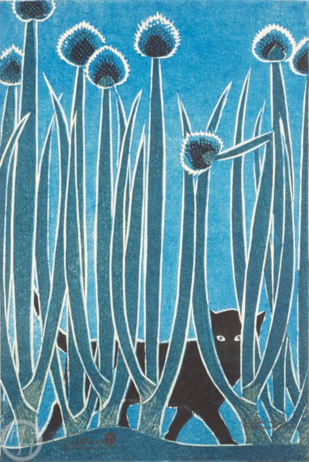 Japanese Art Print "cat and Leeks" by Kasamatsu Shiro, Woodblock ...