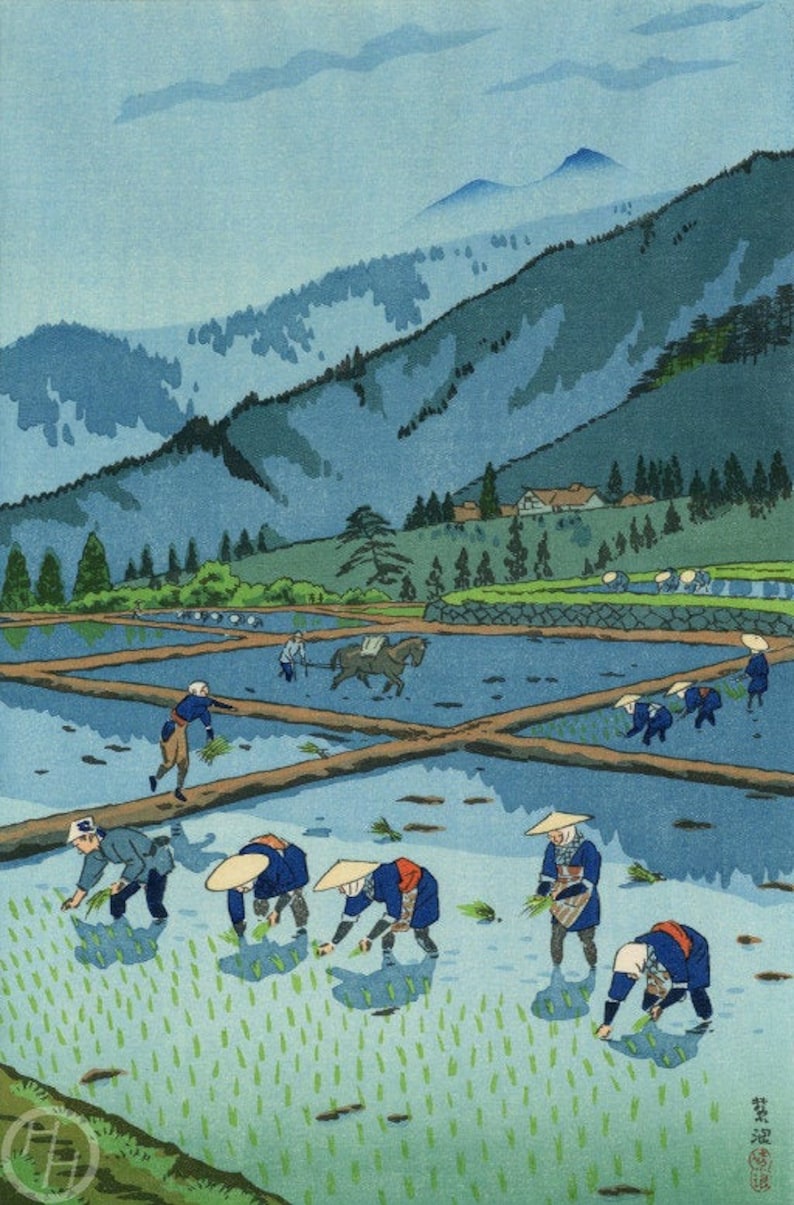 Japanese Art Print rice Planting by Kasamatsu - Etsy