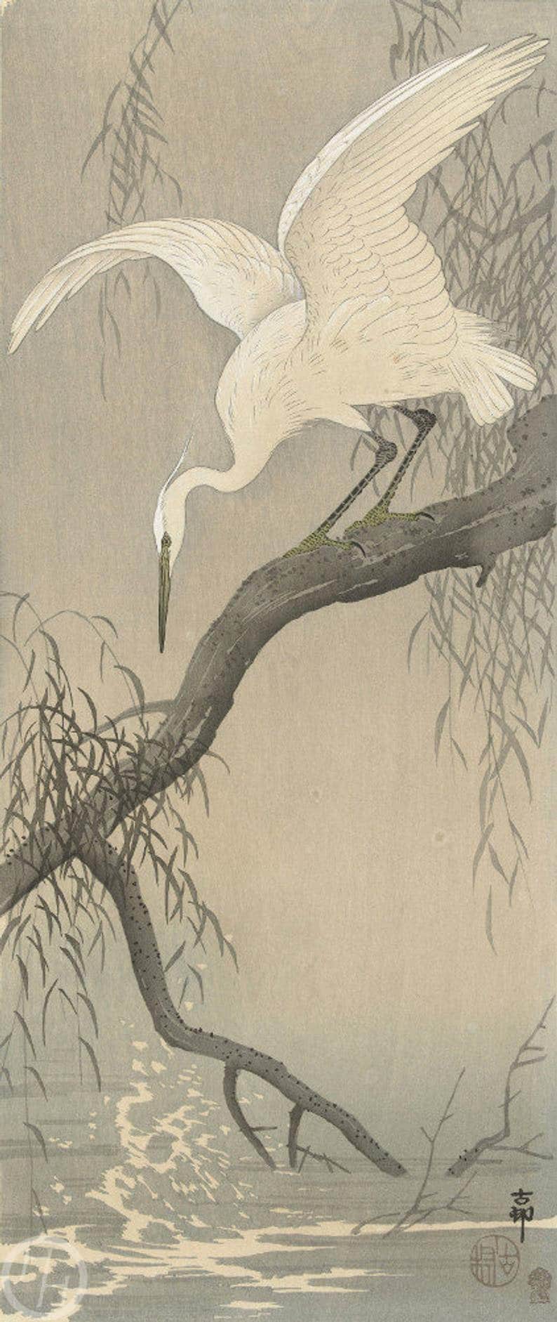Japanese Art Print White Heron on Tree Branch by | Etsy