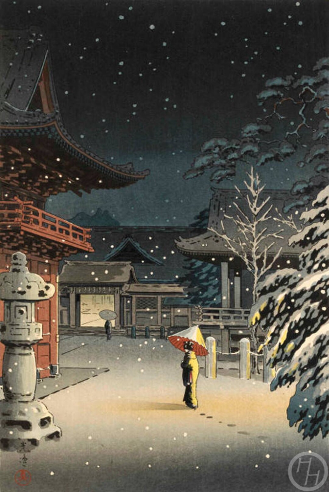 Japanese Art Print "snow at Nezu Shrine (woman in Snow)" by Tsuchiya ...