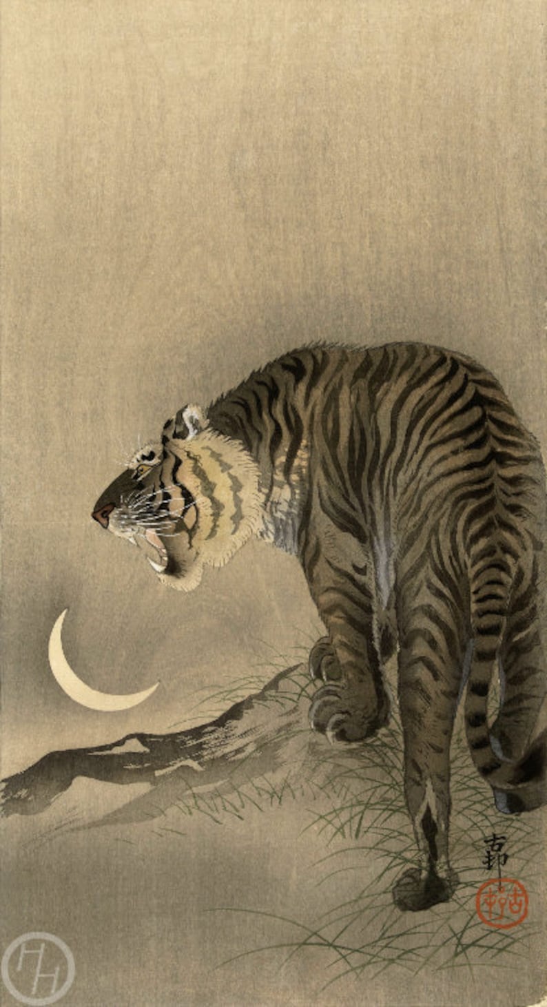 Japanese Art Print tiger and Crescent Moon by - Etsy