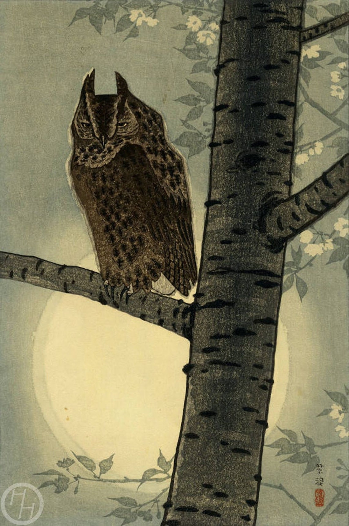 Japanese Art Print owl in Moonlight by Kasamatsu - Etsy