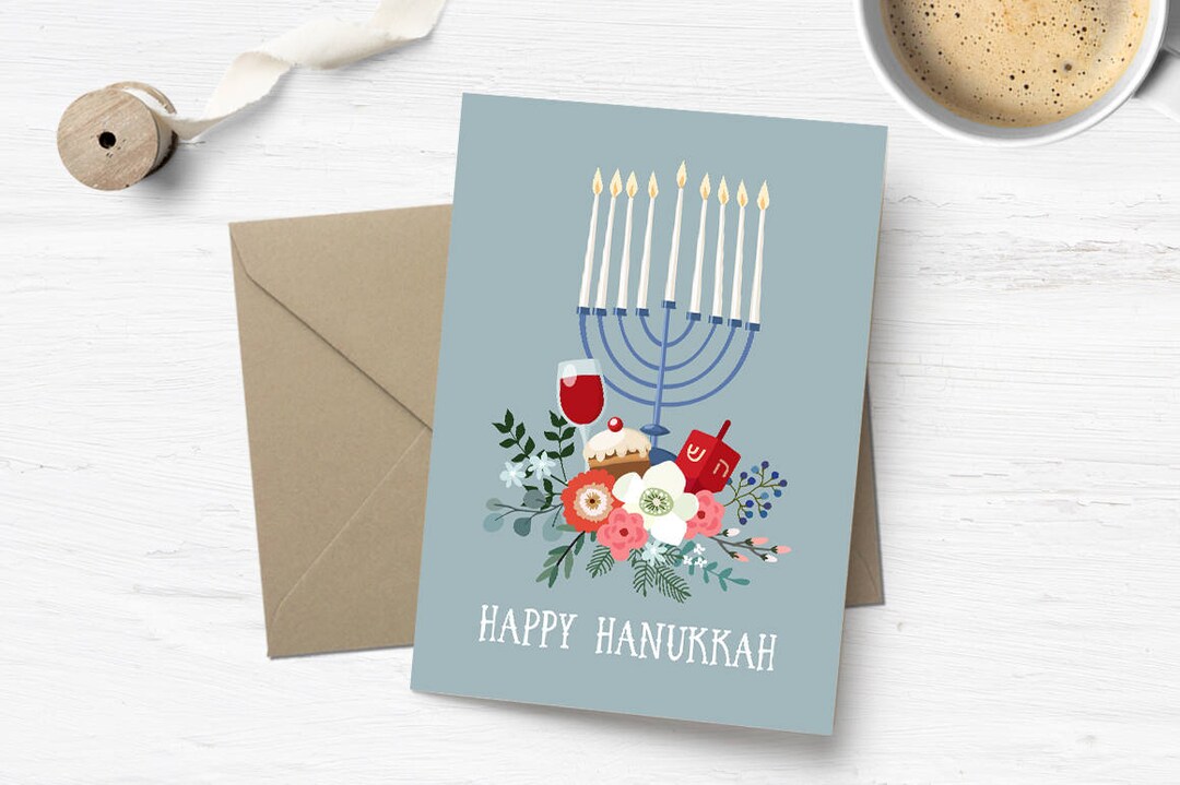 Happy Hanukkah Greeting Card, Printable Hanukkah Card, Chanuka, Dreidel ...