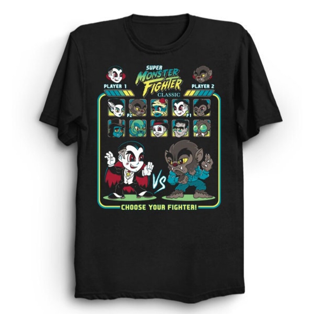 Super Monster Fighter T-shirt Cartoon Chibi Style Tee Retro Video Game ...