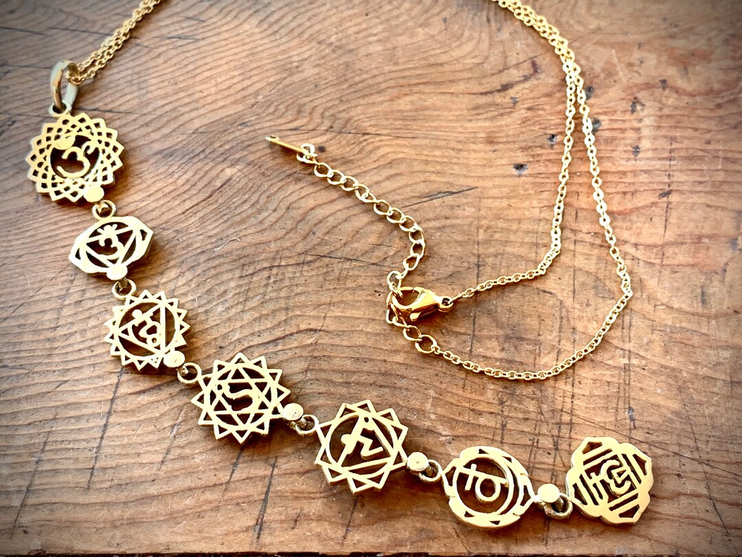 Chakras Necklace Om; Brass Pendant and Brass Snake Chain; Indian Choker ...