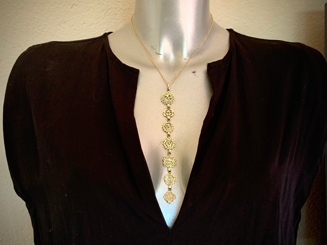 Chakras Necklace Om; Brass Pendant and Snake Chain; Indian Choker ...