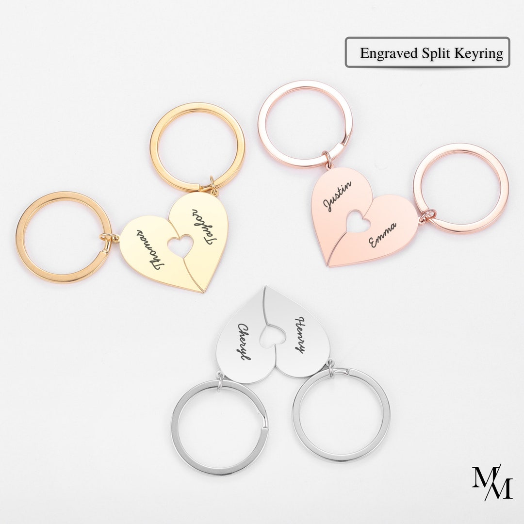 Personalized Engraved Split Heart Couples Keychain Featuring a Two ...