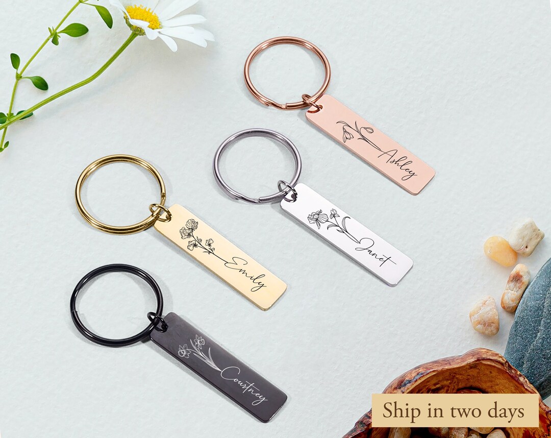 Personalized Birth Flower Keychain, Custom Metal Keychain, Birthday ...
