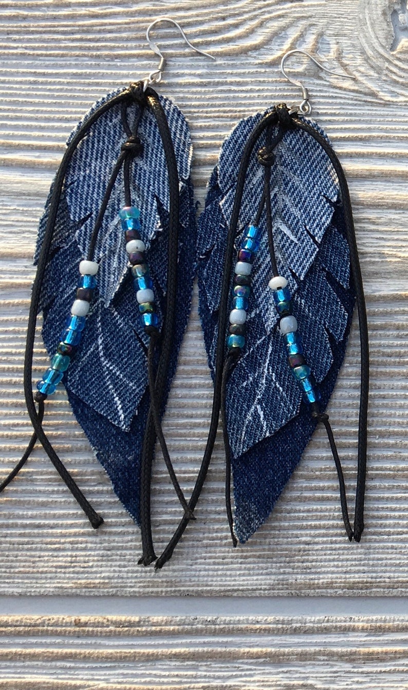 Long Earrings Denim Earrings Feathers Earrings Denim - Etsy
