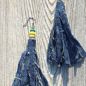Fringe Denim Earrings / Long Fringe Denim Earrings / Fluffy Tassel ...