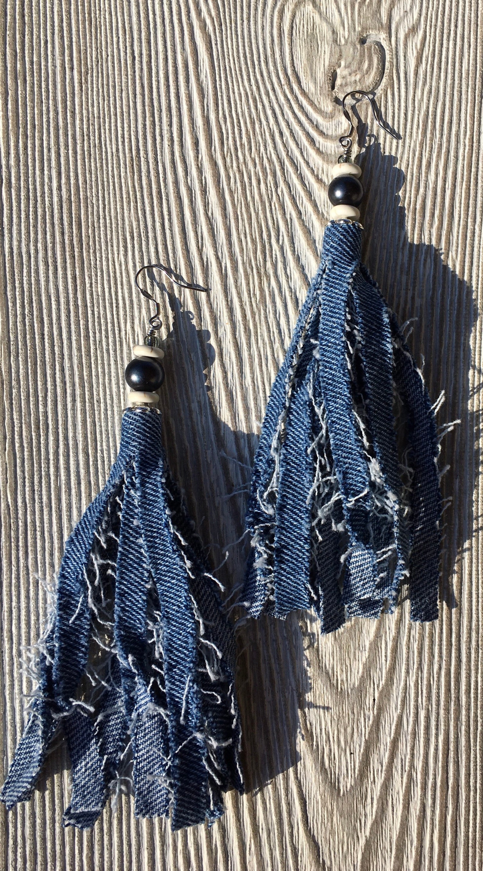 Fringe Denim Earrings / Long Fringe Denim Earrings / Fluffy | Etsy
