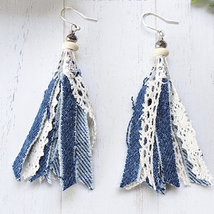 Fringe Denim Earrings / Long Fringe Denim Earrings / Fluffy Tassel ...