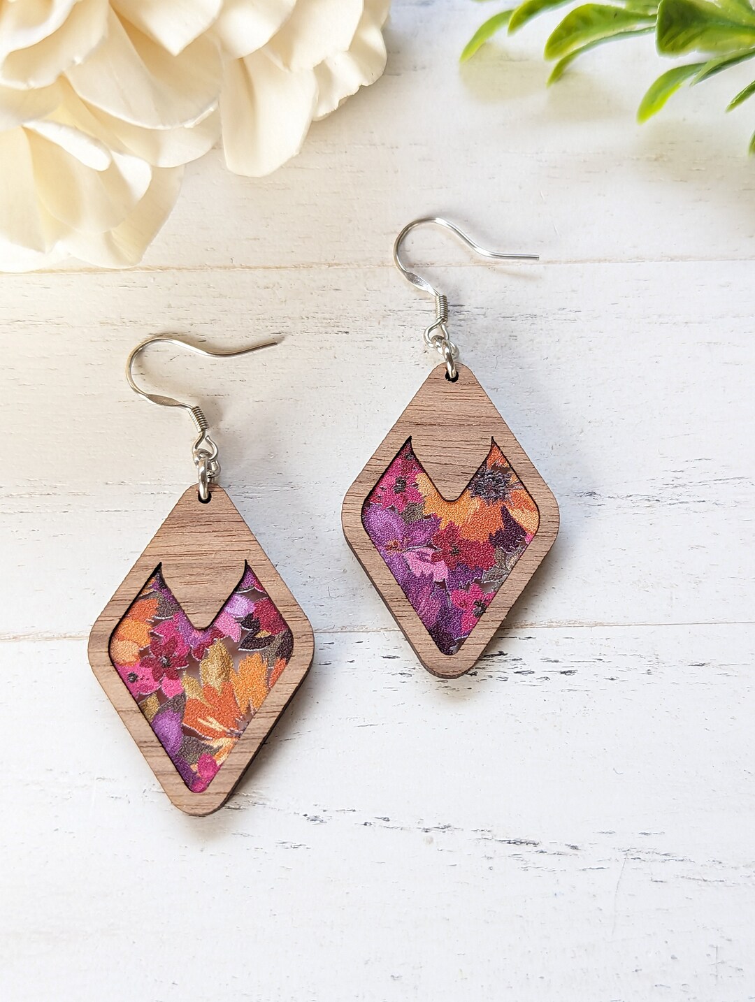 Rosemary Acrylic + Wooden Earrings, Rhombus Inlay Earrings, Trendy ...