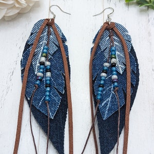 Long Earrings, Denim Earrings, Feathers Earrings, Denim Feather ...