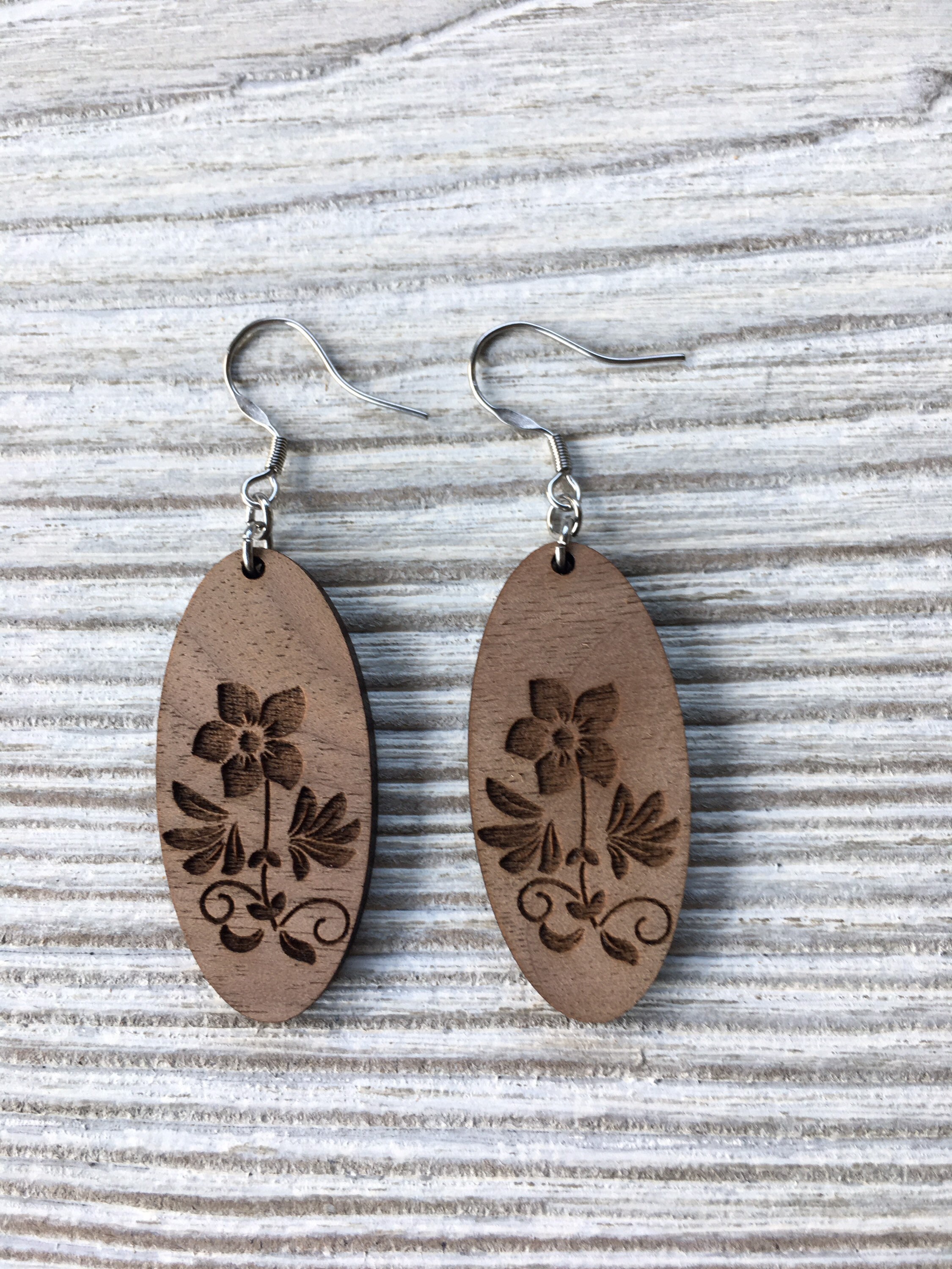 Beautiful Engraved Flower Wooden Earrings, Flower Wood Earrings ...