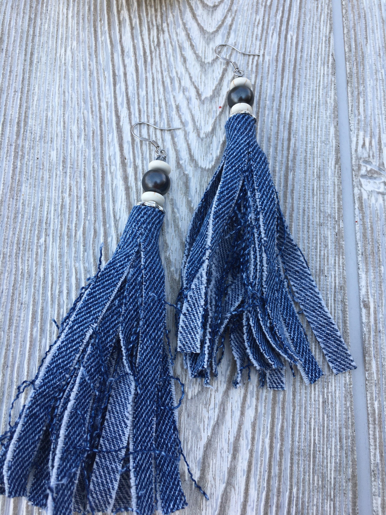 Fringe Denim Earrings / Long Fringe Denim Earrings / Fluffy | Etsy
