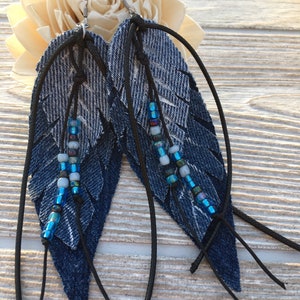 Long Earrings, Denim Earrings, Feathers Earrings, Denim Feather ...