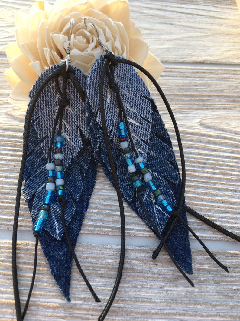 Long Earrings Denim Earrings Feathers Earrings Denim - Etsy