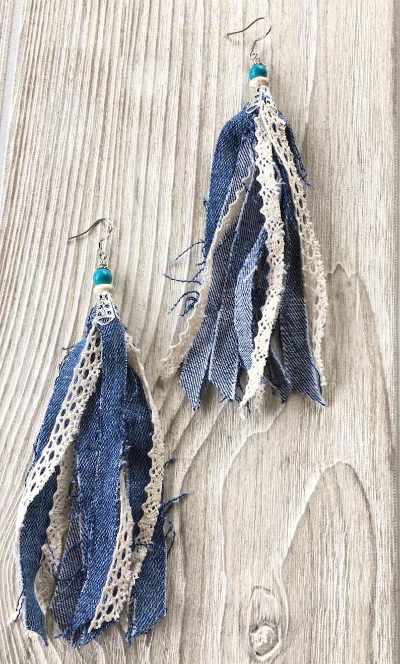 Fringe Denim Earrings / Long Fringe Denim Earrings / Fluffy - Etsy