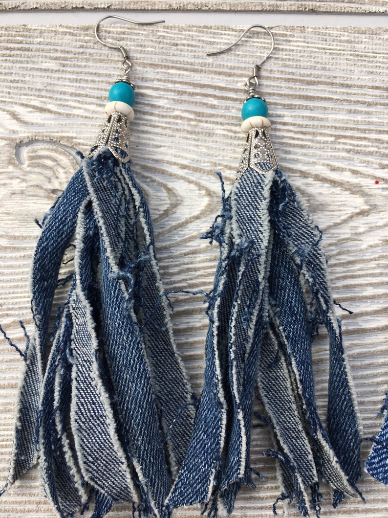 Fringe Denim Earrings / Long Fringe Denim Earrings / Fluffy | Etsy