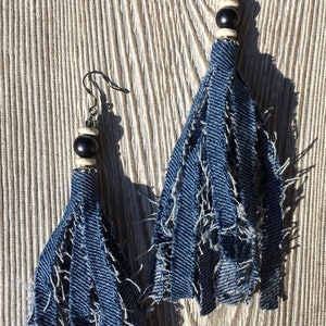 Fringe Denim Earrings / Long Fringe Denim Earrings / Fluffy Tassel ...