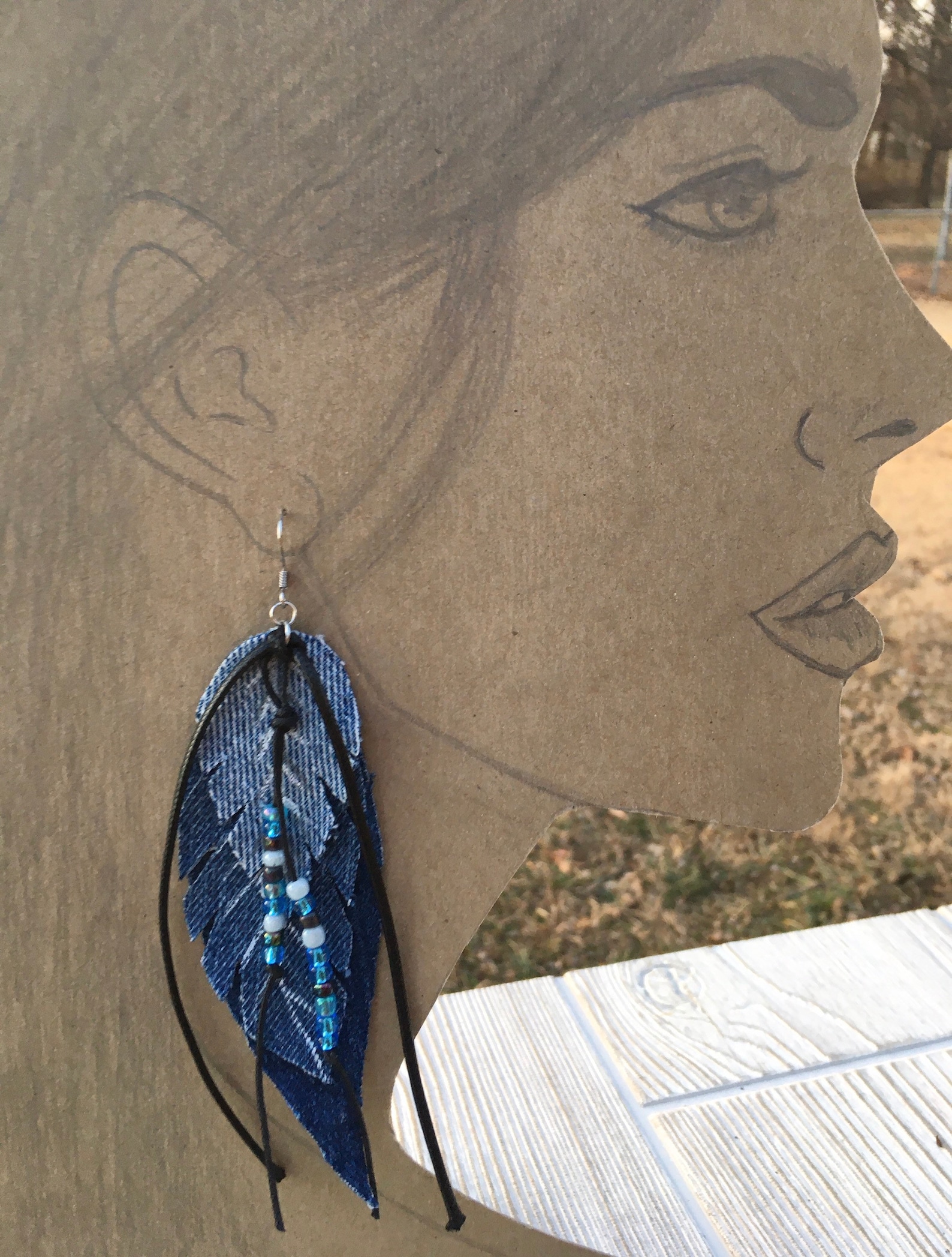 Long Earrings Denim Earrings Feathers Earrings Denim - Etsy